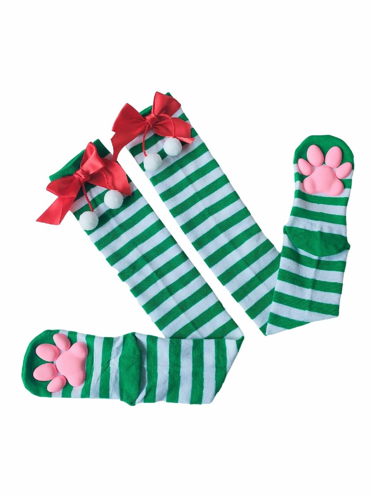 Чулки с бантами и полосками до колена с кошачьими лапками, 2