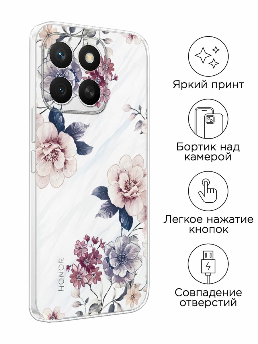 Чехол на Honor X8c / Хонор X8c с принтом "Нежные винтажные цветы", прозрачный — фото 1