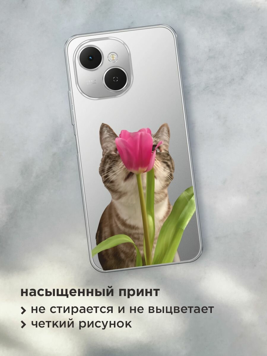 Чехол на Tecno Spark 40C / Текно Спарк 40C с принтом "Кот с тюльпаном - 8 марта", прозрачный — фото 1