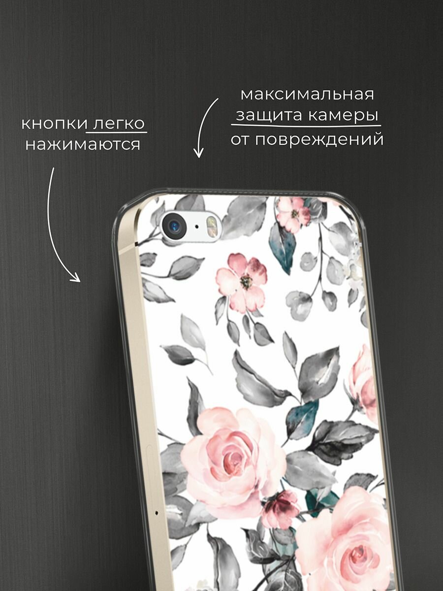 Чехол на Apple iPhone 5/5S/SE / Айфон 5/5S/SE с принтом "Розы на белом" — фото 1
