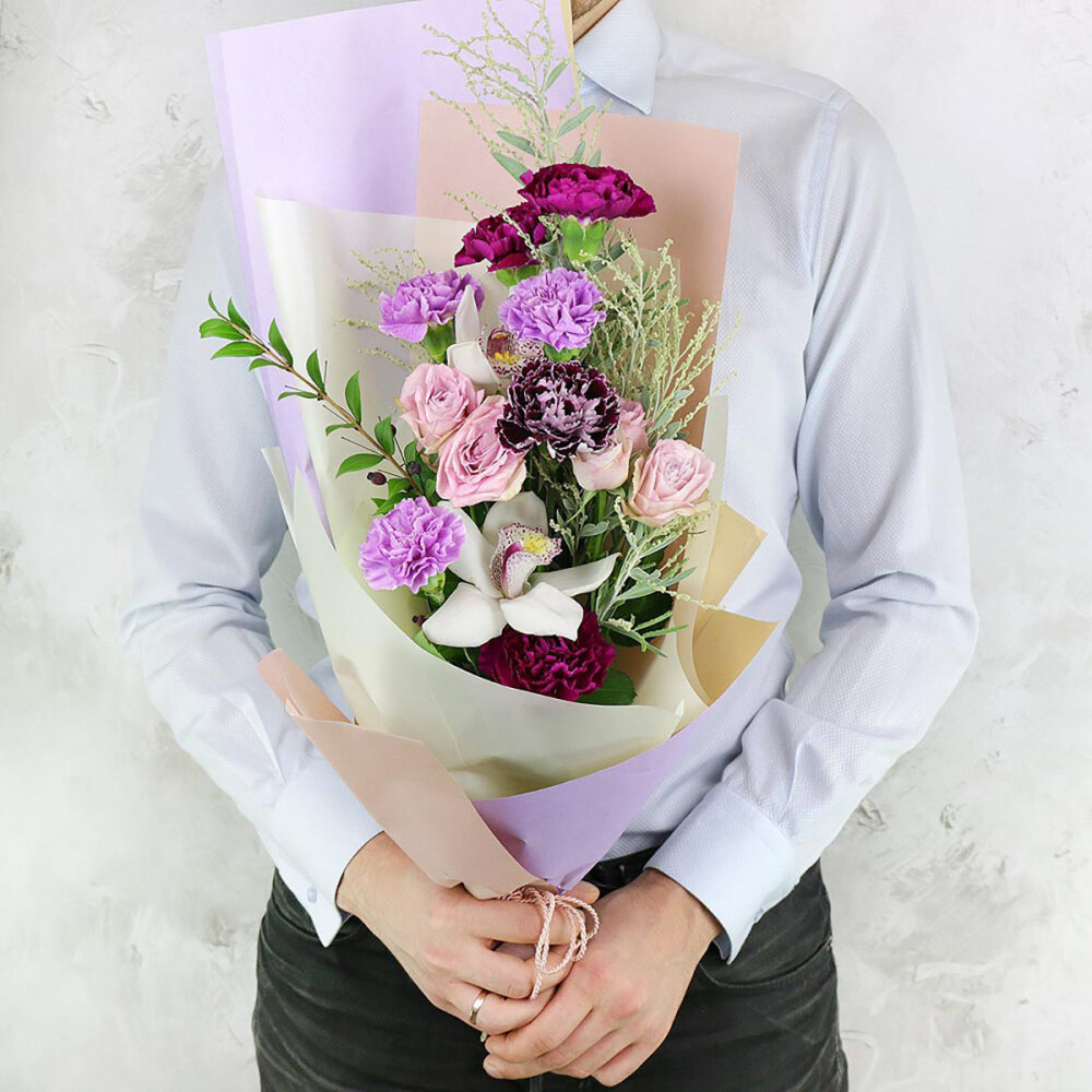 Букет Букет Маркет "Ассорти", гвоздики, орхидеи, розы, мимоза, 55см