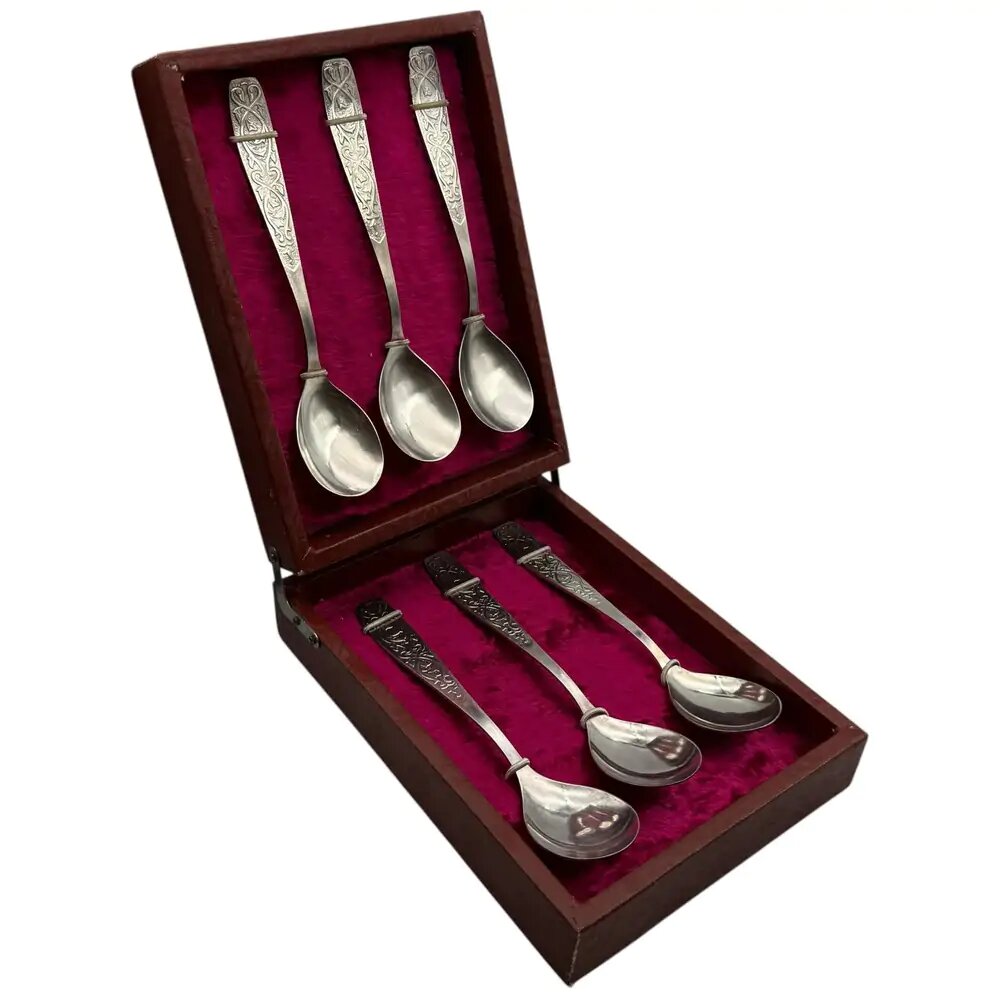 Ложка десертная "Плющ" (набор 6 шт - 17 см, розовый), МНЦ, 1983-1991 гг, Режевский мехзавод, СССР