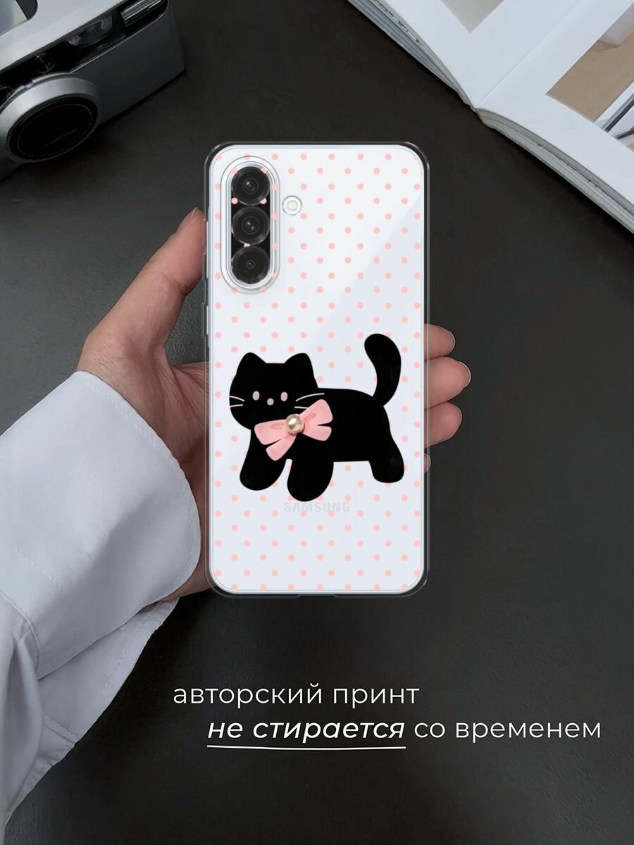 Чехол на Samsung Galaxy A36 5G / Самсунг A36 5G с принтом Черный котик с бантом, прозрачный — фото 1
