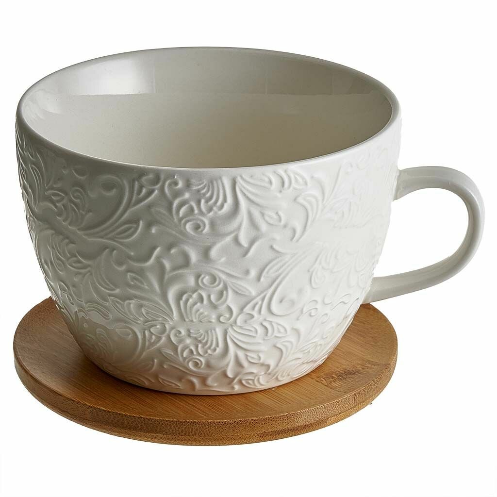 Подарочная кружка для капучино 500 мл, фарфор, на бамбуковой подставке AK5-0035