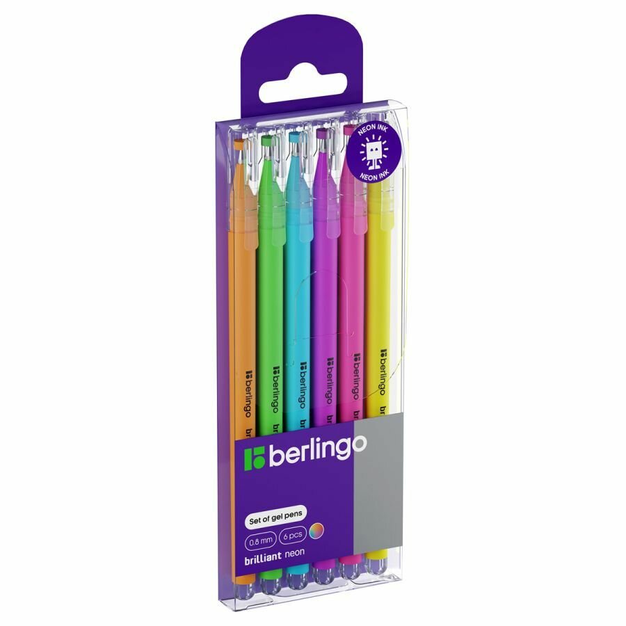 Набор ручек гелевых цветных Brilliant Neon 0,8мм 6шт. Berlingo