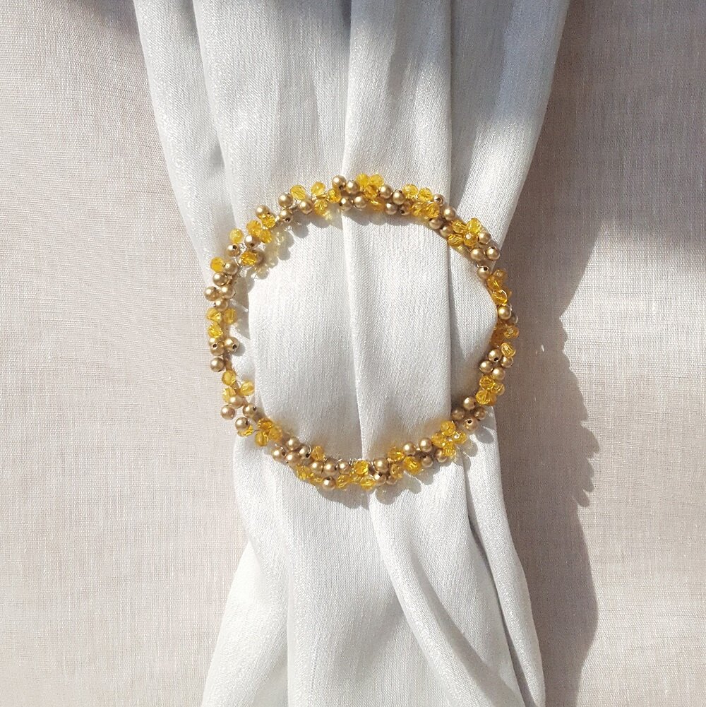 Подхваты-заколки 2 шт для штор металлические с цветными бусинами и хрусталиками, диаметр 15 см, цвет золотистый