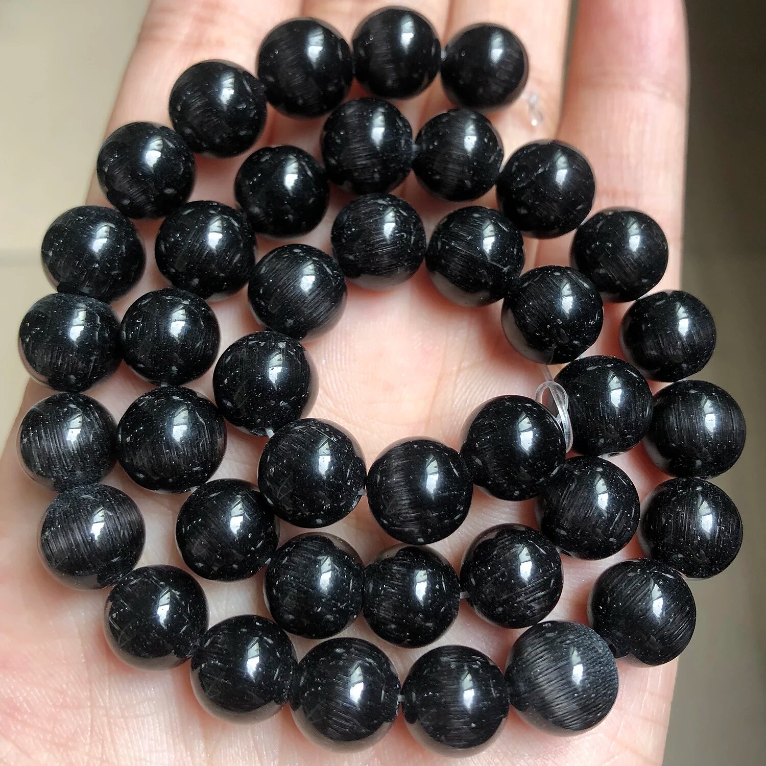 Бусины из черного оникса, обсидиана и лабрадорита GMB724 Черный, 6mm 61pcs beads, cat eye