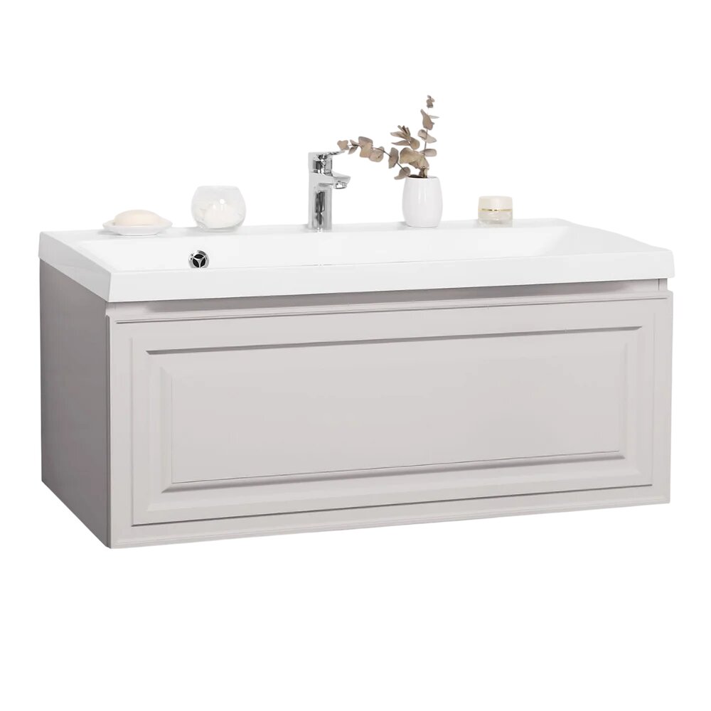 Тумба с раковиной Itana Verona 2.0 100 подвесная, 100, 1 см, бежевая, из МДФ, с ящиками, раковина для ванной, из искусственного камня, прямоугольная