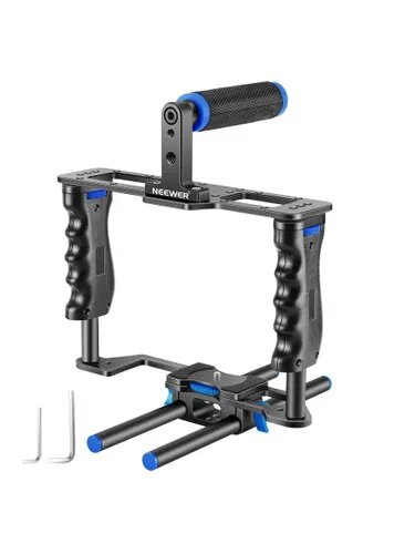 NEEWER Видеокейдж алюминиевый сплав с верхней ручкой, двойной рукояткой, двумя 15-мм штангами, совместим с зеркальными фотоаппаратами и видеокамерами Canon, Sony, Fujifilm, Nikon