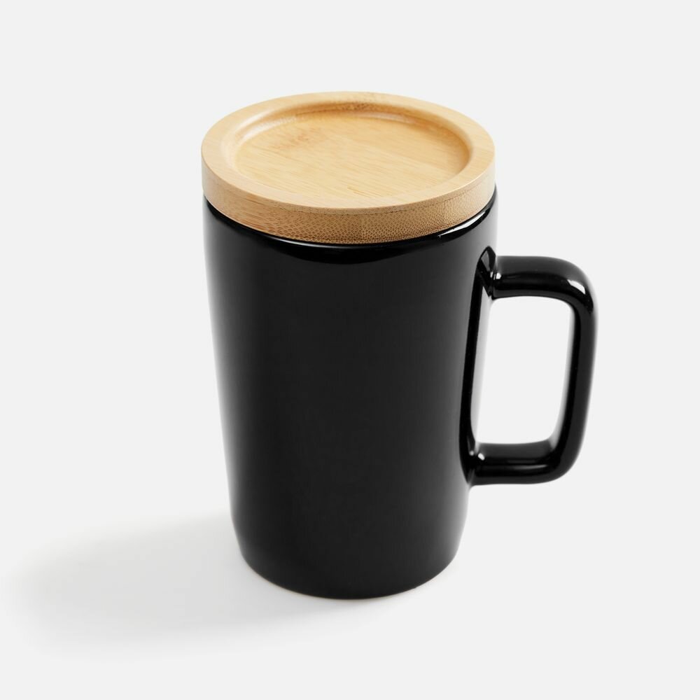 Кружка Vierra с крышкой-костером, черная, каменная керамика костер-крышка - бамбук, 450 мл