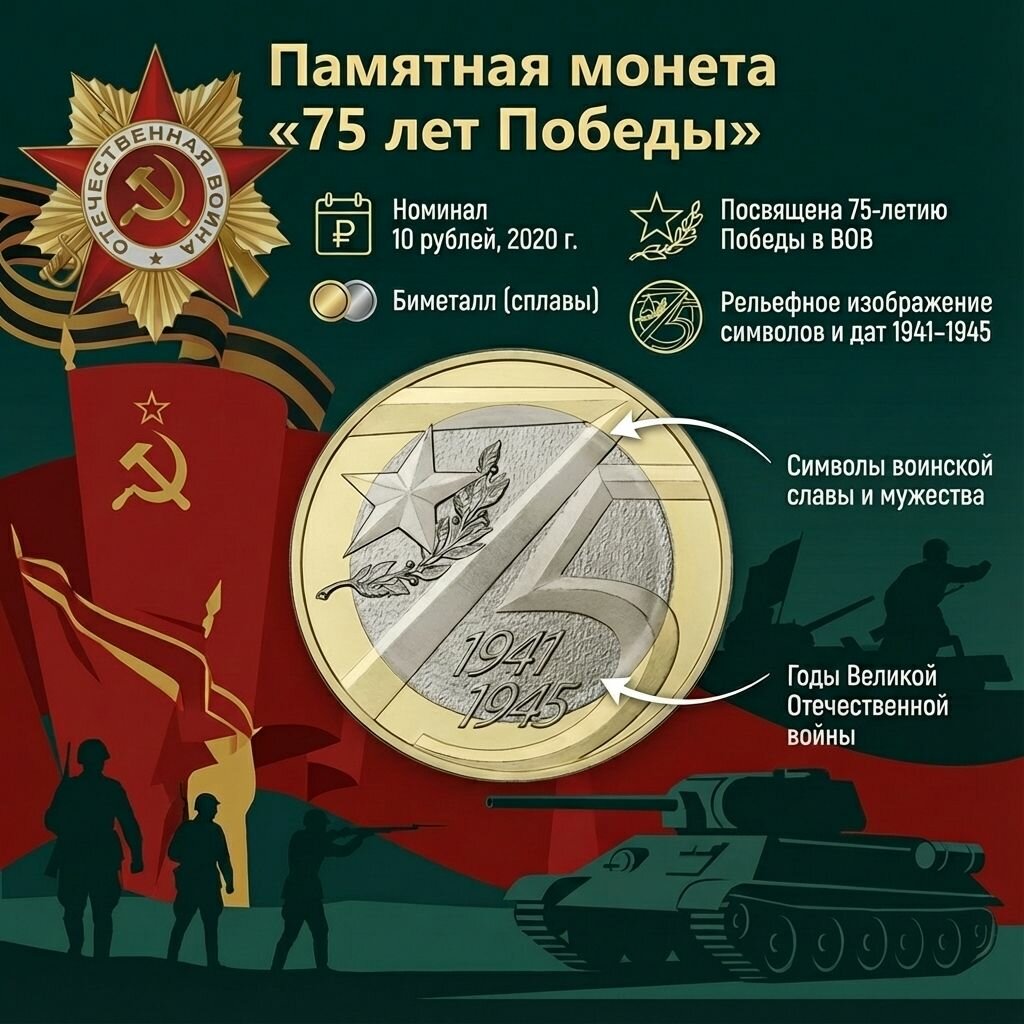 UNC! 10 рублей, 2020, 75-летие Победы советского народа в Великой Отечественной войне 1941-1945 гг.