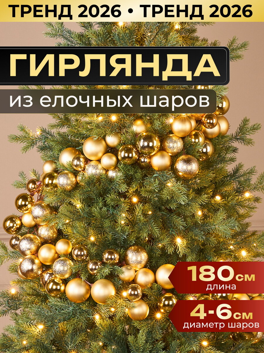 Гирлянда из елочных шаров Золотые Искры - Winter Gems 180*14 см, пластик, Winter Deco, 1097079
