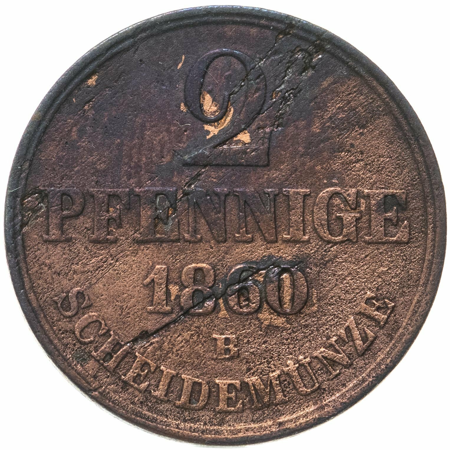 Германия, Ганновер 2 пфеннига 1860, Медь, в сохранности F