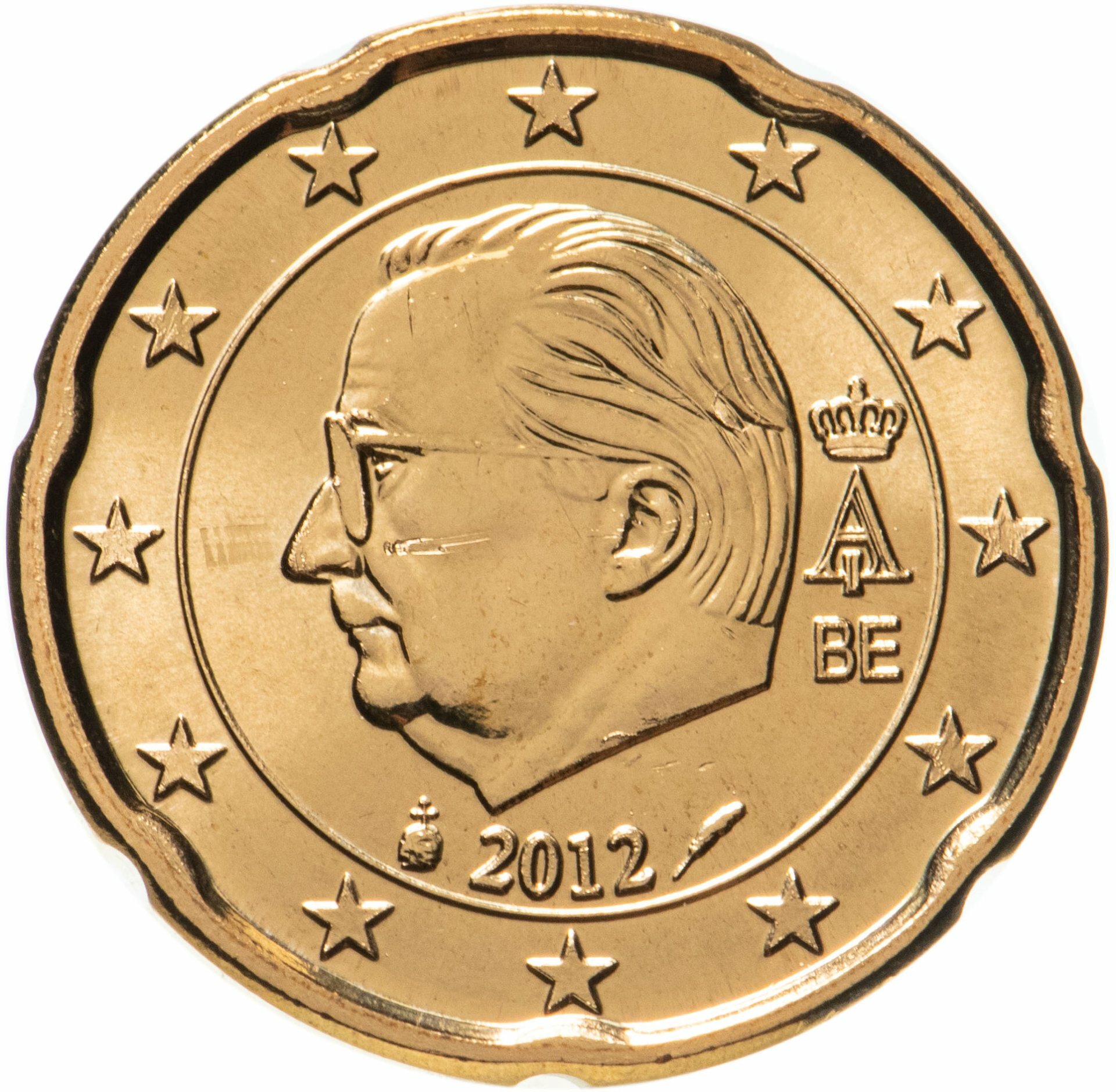 Бельгия 20 евроцентов 2012 король Альберт II, Латунь, в сохранности UNC