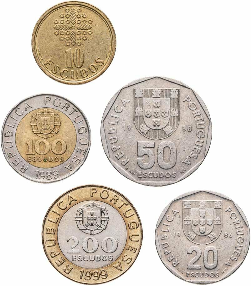 Португалия - набор монет 1986-2001 5 штук, Никелевая латунь, Мельхиор, Биметалл, в сохранности VF-XF