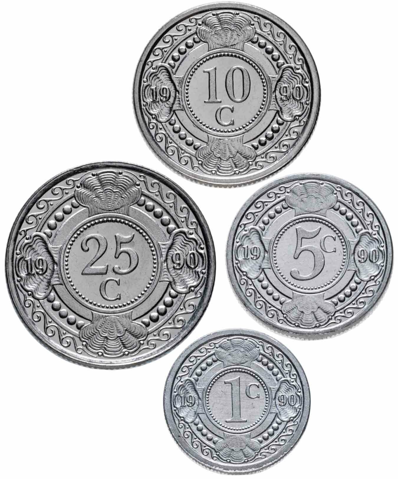 Нидерландские Антильские острова набор монет 1990-1997 4 шт , Алюминий, Сталь с никелевым покрытием, в сохранности UNC