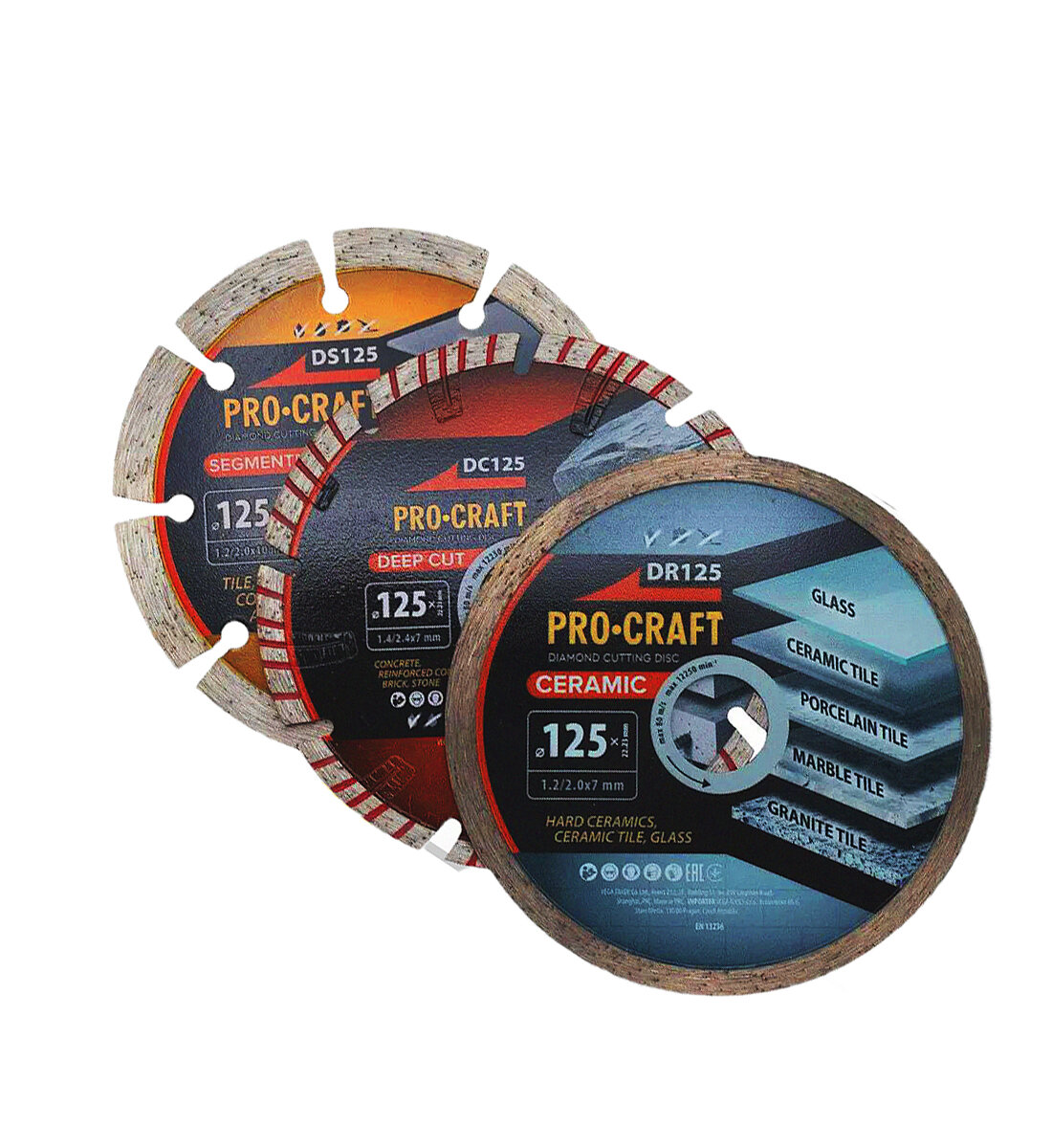 Набор алмазных дисков Procraft 125x22.2 DS125/DR125/DC125 Сегментированный/Отрезной/Ceramic DS3.125