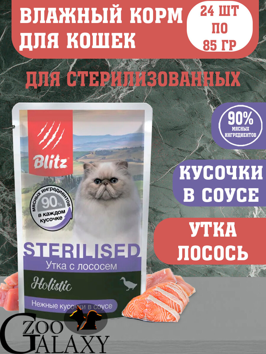 Blitz Holistic паучи для стерилизованных кошек, утка и лосось 24х85 г