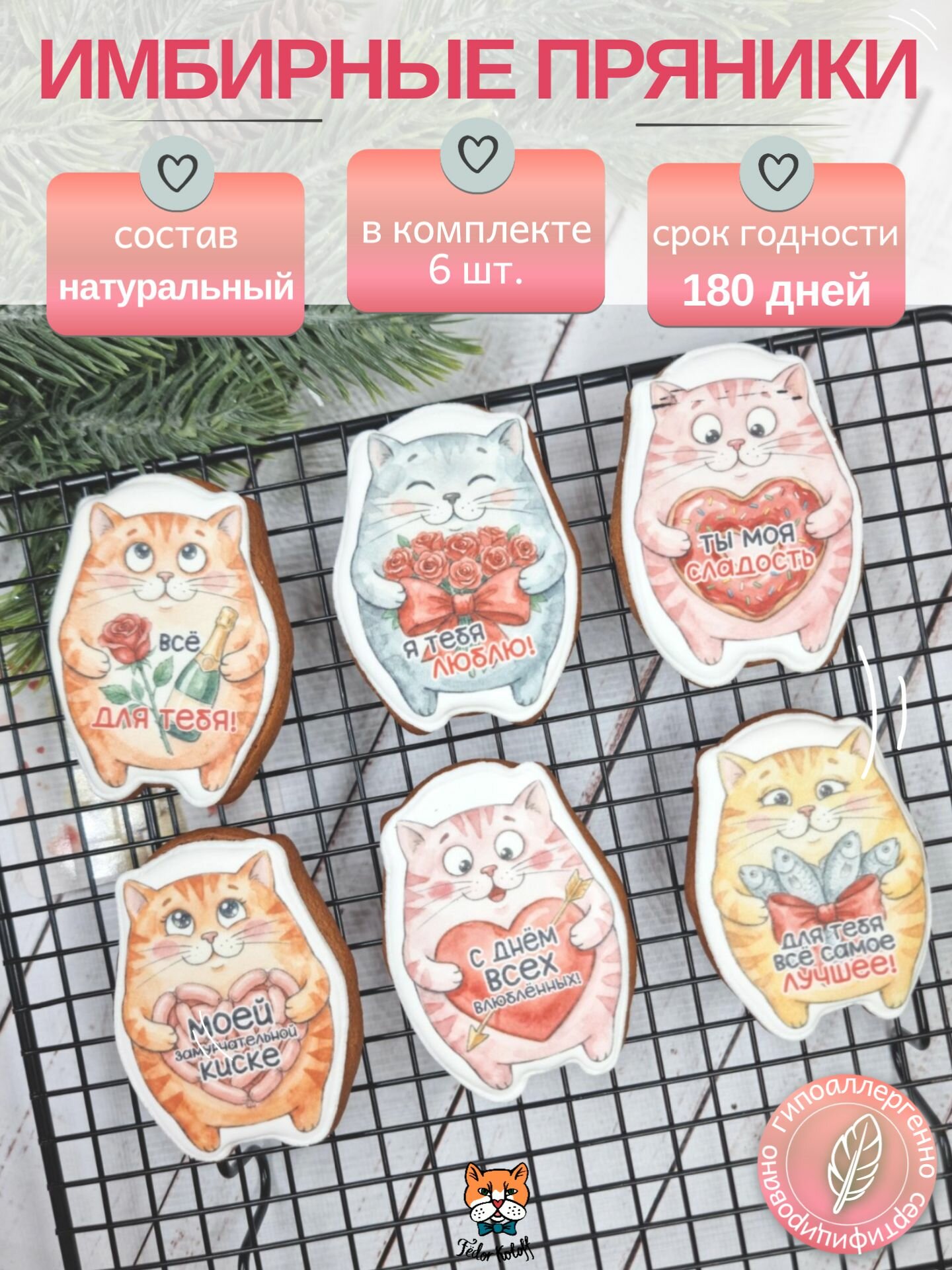 Набор имбирных пряников на 14 февраля, День Всех Влюблённых, 8 марта "Котики" 6шт. от кондитерской Fёdor Kotoff