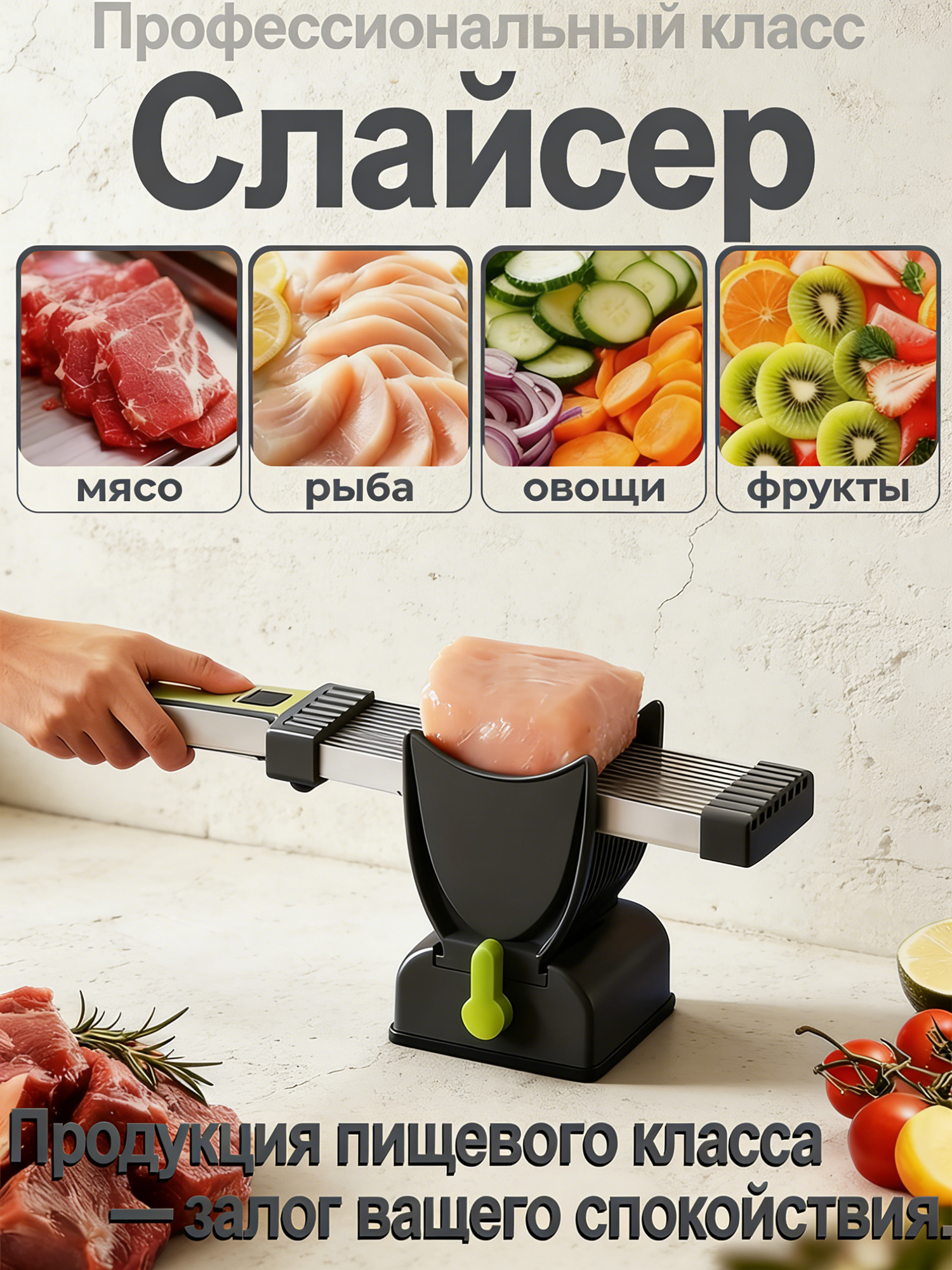 Слайсер, используемый для нарезки мяса на ломтики, которые можно нарезать ломтиками, полосками и частицами