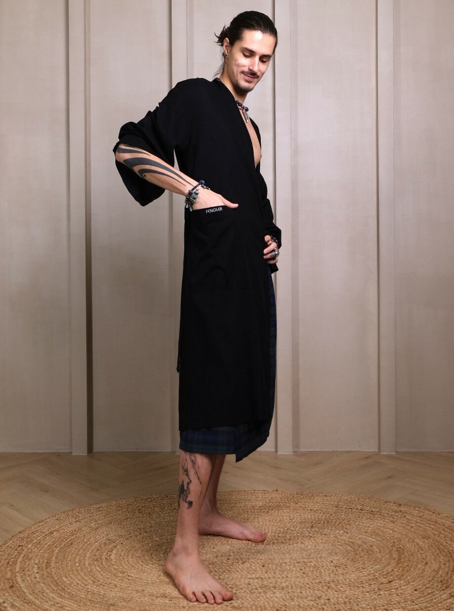Льняной мужской халат кимоно Фенглер Fengler черный с карманами и поясом