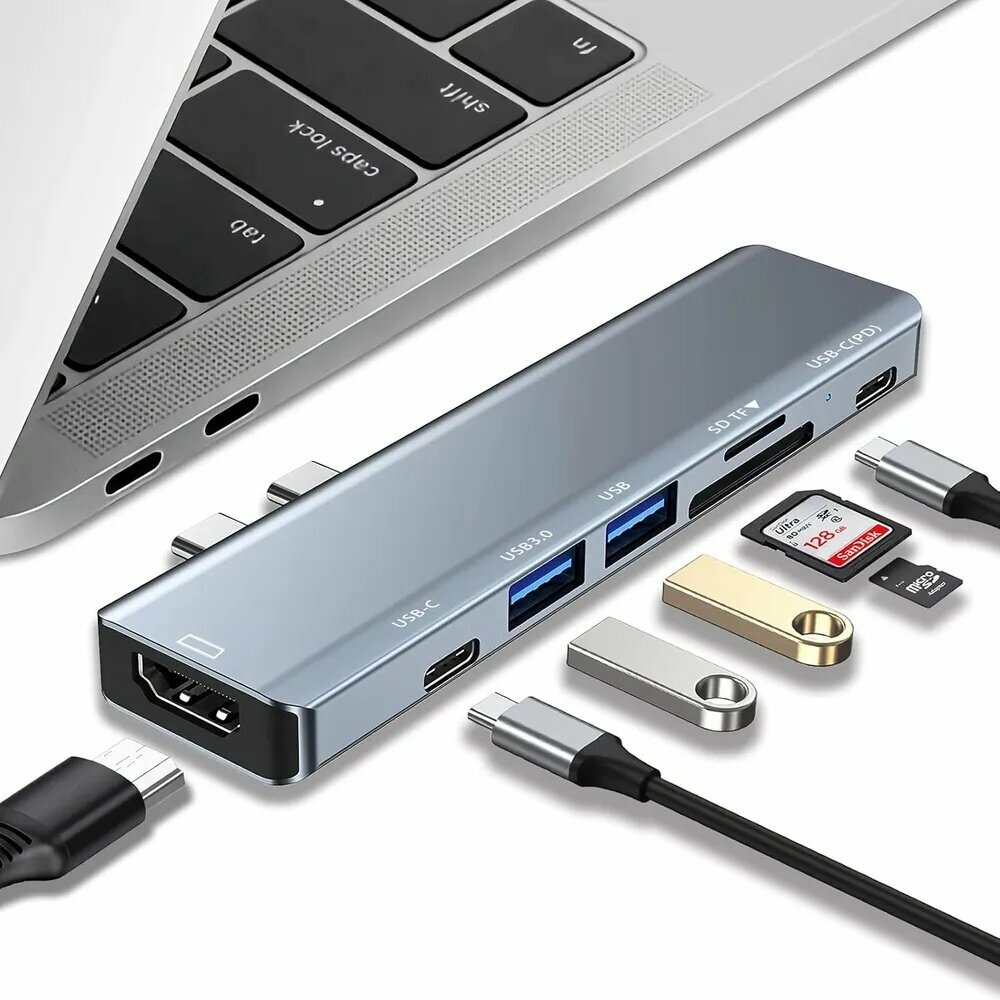 Концентратор USB-C 7-в-2, для MacBook Air Pro M1, совместим с 13/15/16 дюймовыми MacBook