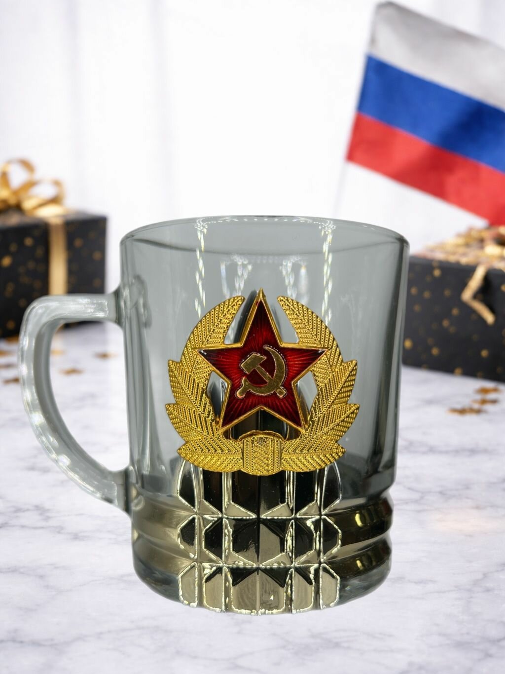 Кружка стеклянная Кокарда СССР, 280 мл