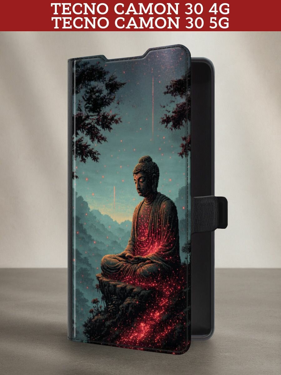 Чехол-книжка на Tecno Camon 30 4G/Tecno Camon 30 5G / Текно Камон 30 4G/Камон 30 5G с принтом Монах среди леса, черный