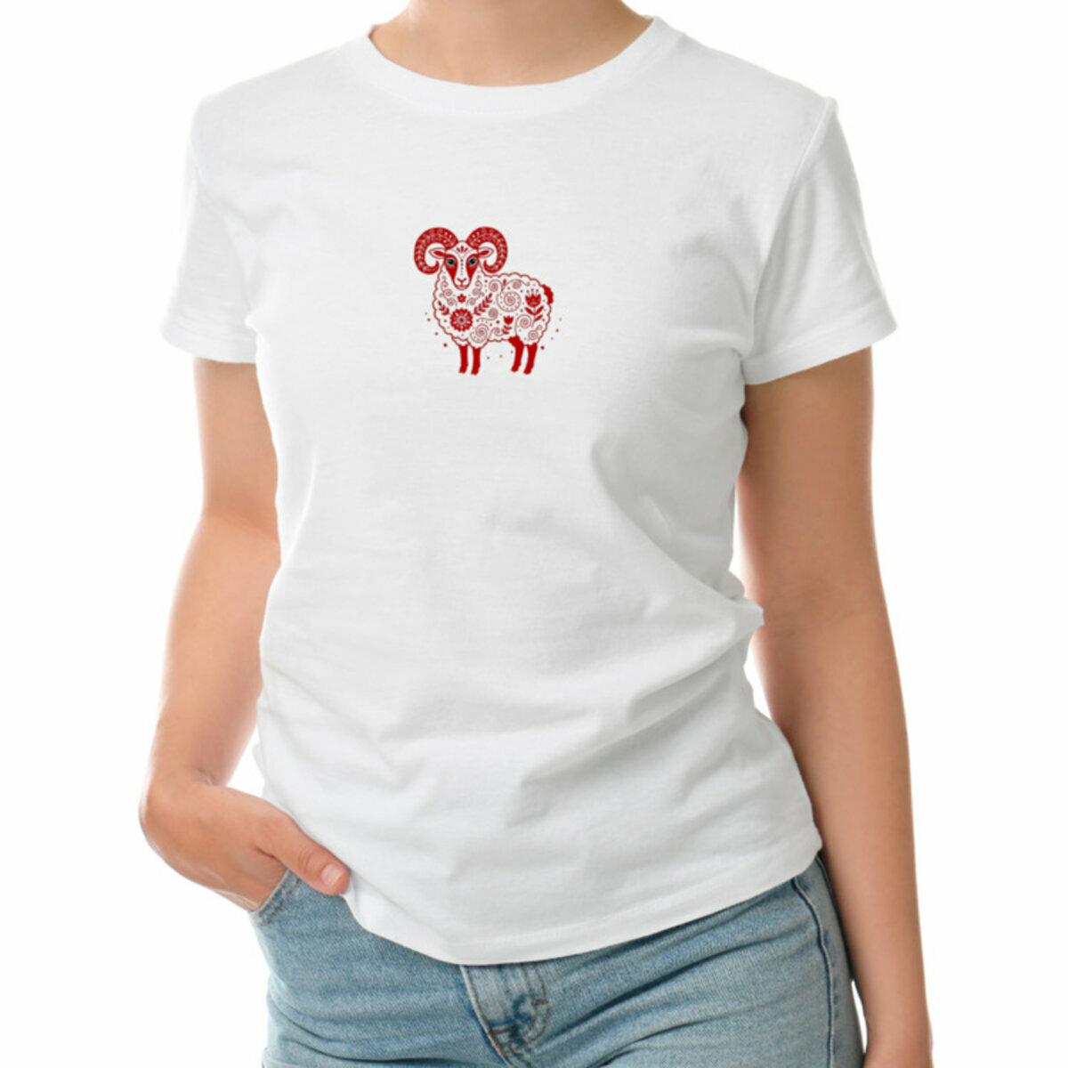 Женская футболка «огненная овца баран узор орнамент русский стиль» (белый, L)