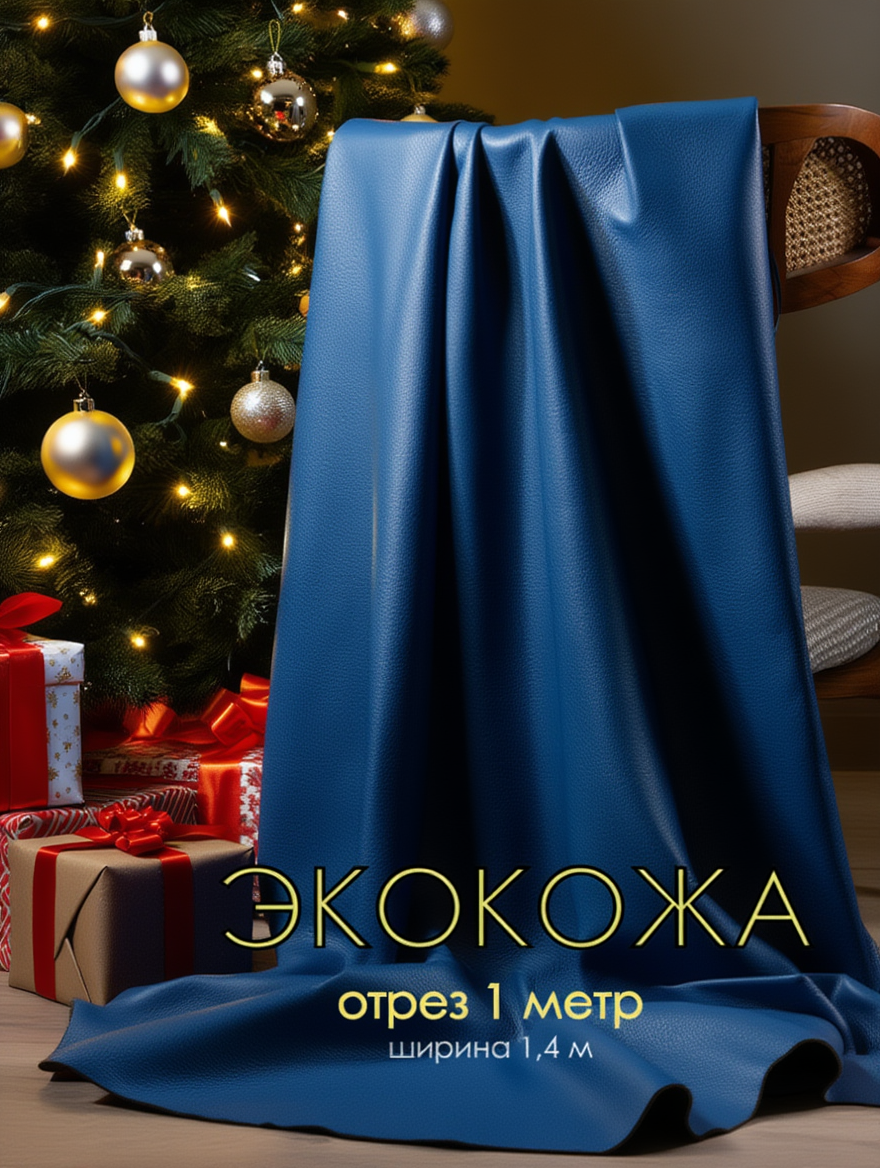 Экокожа для обивки мебели и авто 140х100см, цвет синий , кожзам отрез 1 метр