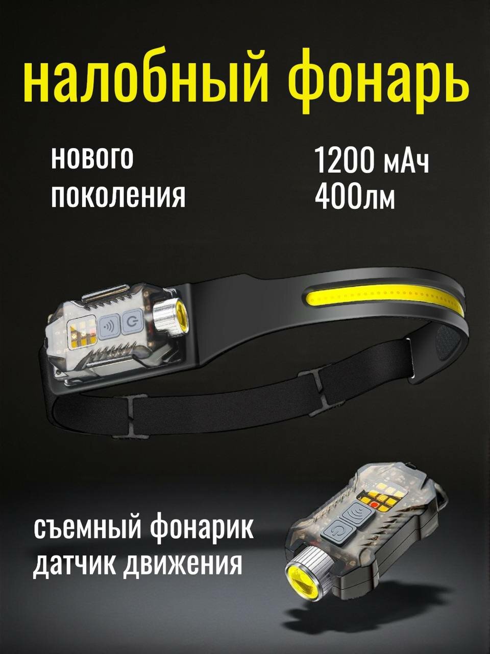 Налобный фонарь, аккумуляторный, светодиодный, туристический, мощный, кабель зарядки Type-C