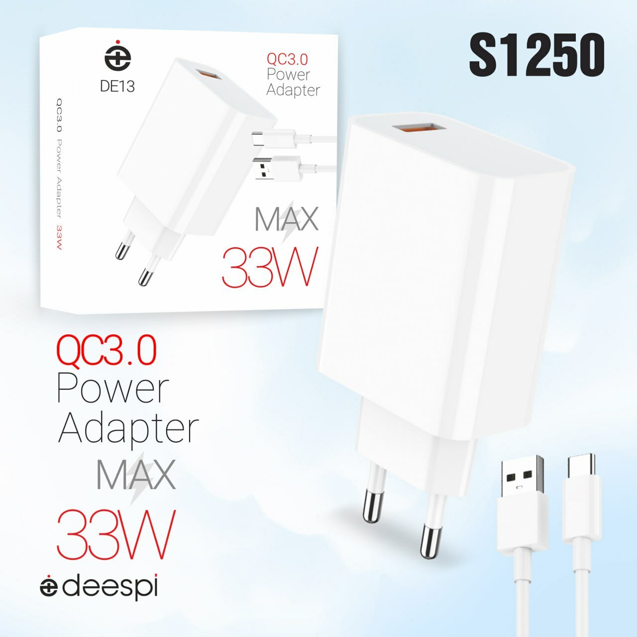 Сетевое зарядное устройство для телефона deespi DE13 33W QC3.0 + кабель Type-C White / Зарядка для Andoid и Iphone / Блок питания