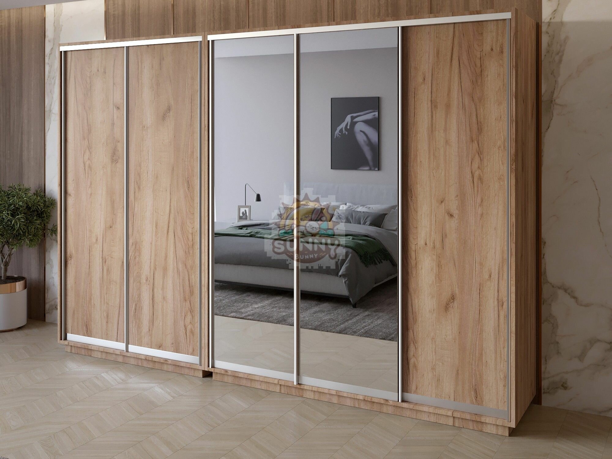 Шкаф-купе Вилли 5-ти дверный модульный (лайт2+3) ЛДСП-3/Зеркало-2, профиль серебро, 300х60х220 см. Дуб Крафт табачный