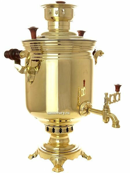 Самовар тульский латунный толстостенный комбинированный (угольный+электрический в одном) 7 литров с деревянной фурнитурой.
