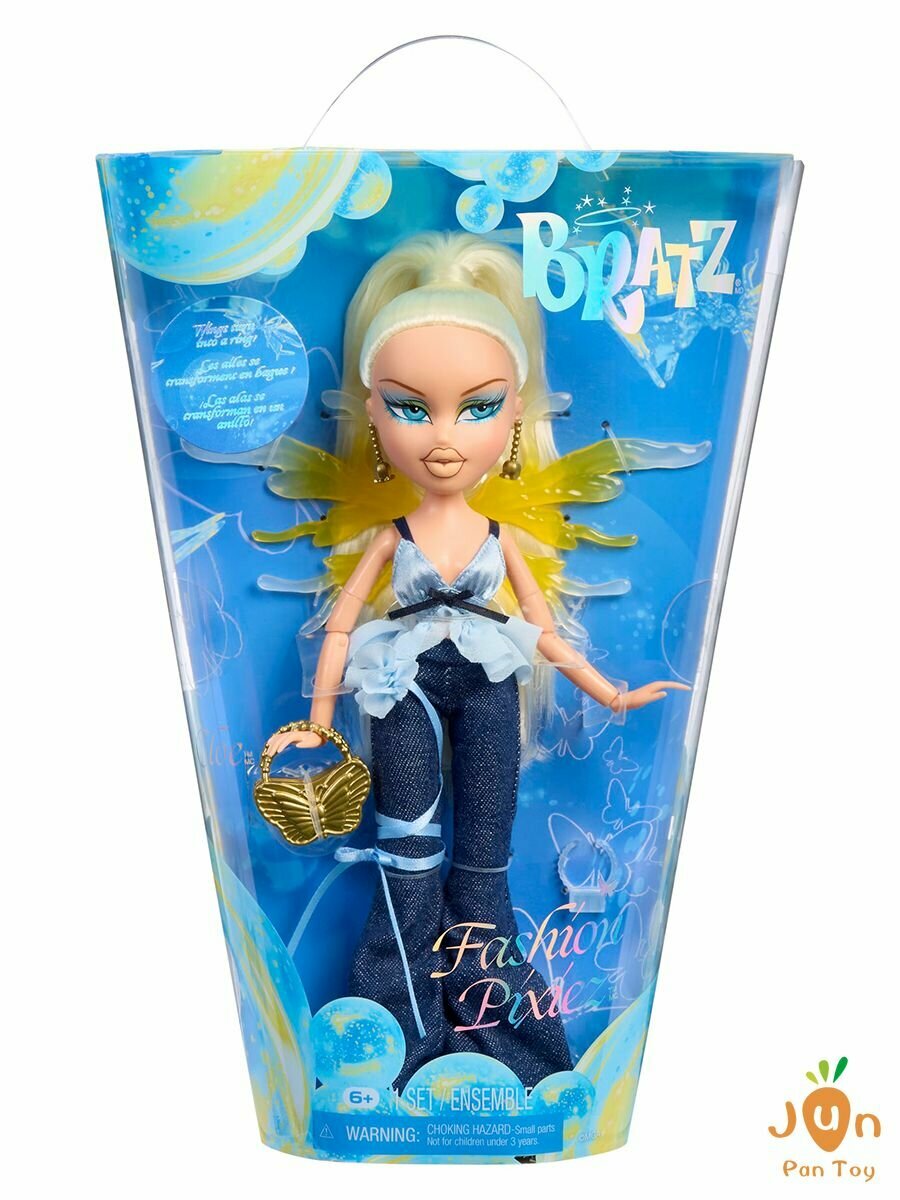 Bratz Fashion Pixiez Cloe / Детская модная кукла со светлыми волосами, собранными в высокий хвост, и прозрачными крыльями эльфа, подходящая в качестве коллекции или подарка