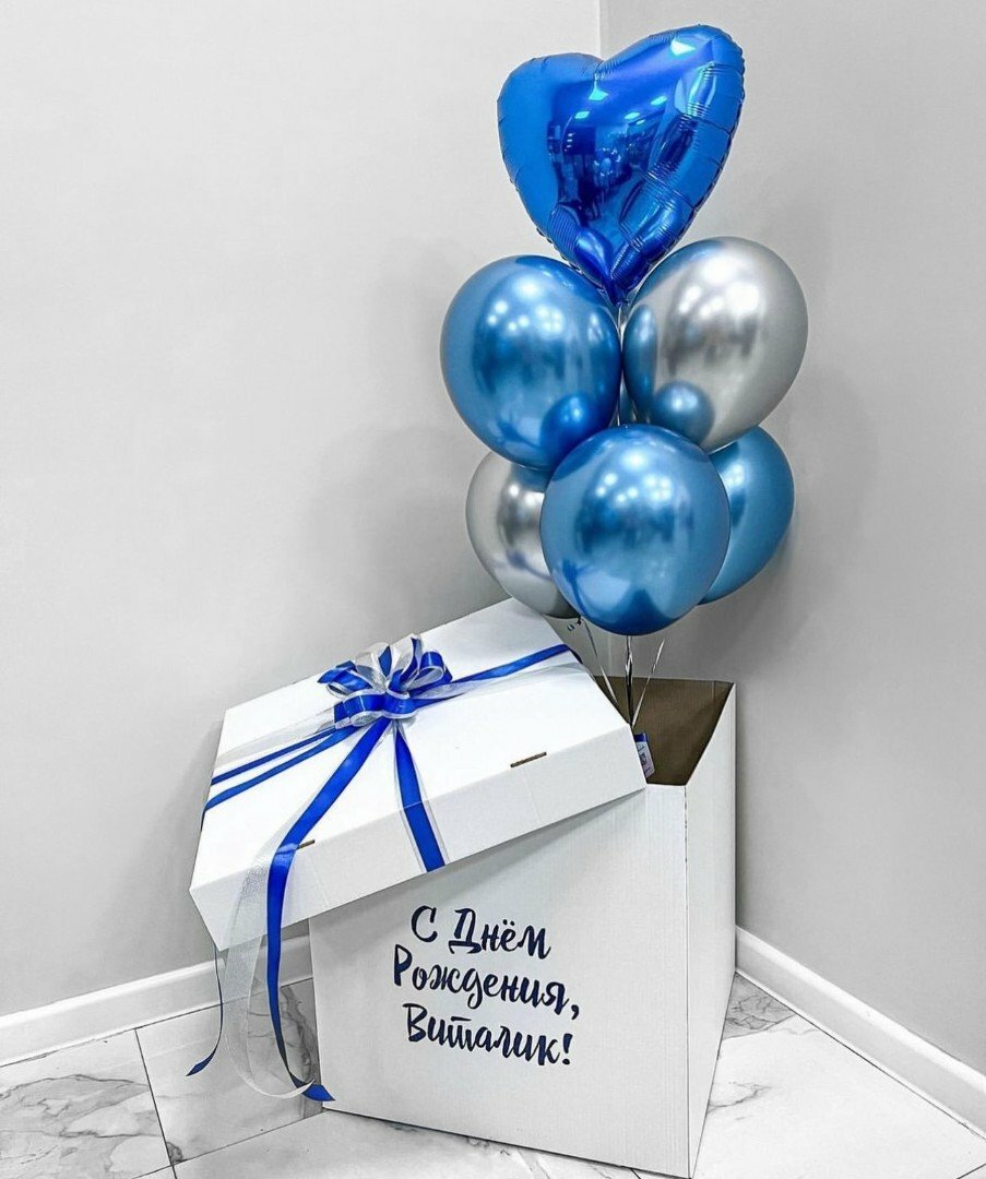 Недорогая коробка-сюрприз с воздушными шарами «Сине-голубой шик»