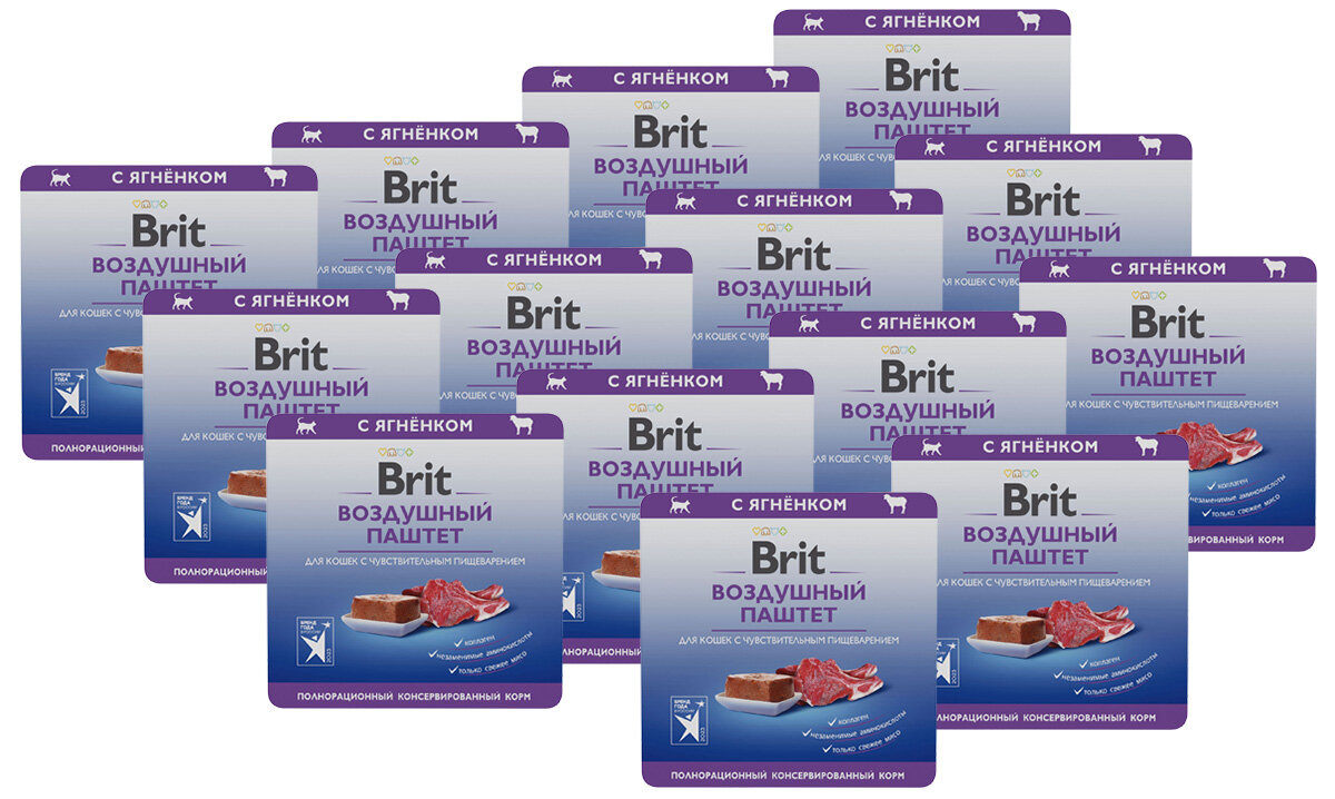 Брит для взрослых кошек с чувствительным пищеварением паштет с ягненком (100 гр х 14 шт)