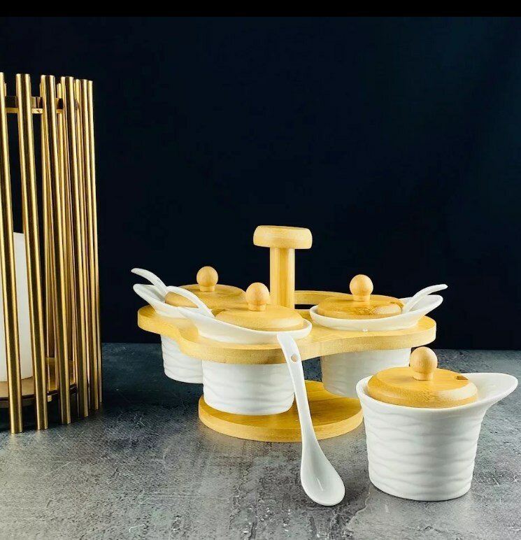 Набор из 4 банок для специй с ложками на подставке BAMBOO Фарфор 140-088 118-140-088