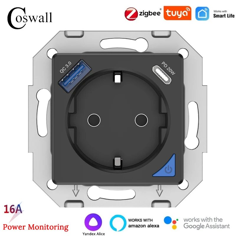 COSWALL умная розетка Zigbee Tuya EU с USB QC 3.0 и PD 20W, черная