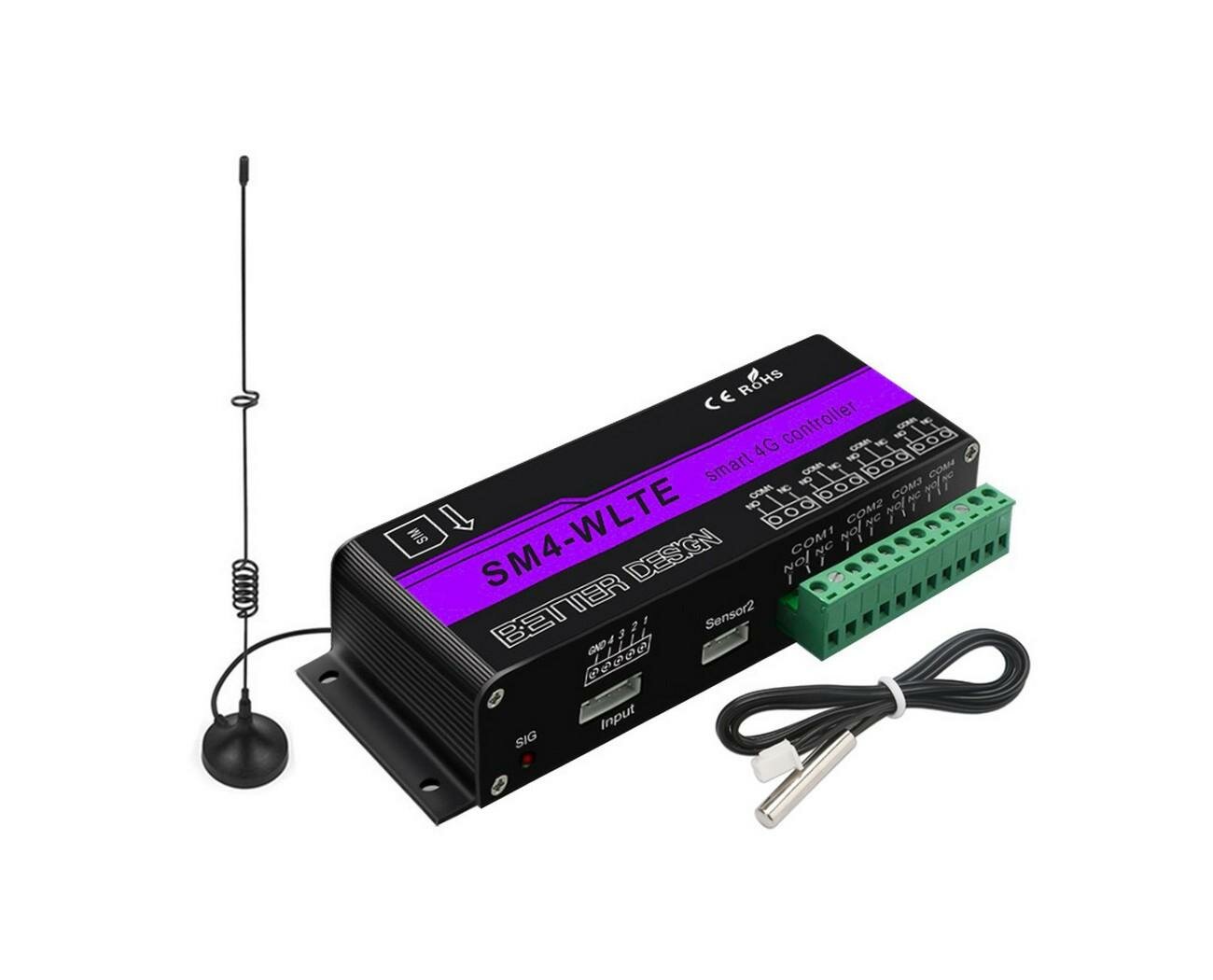 4G GSM реле управления на 4 канала с внешним датчиком температуры Страж Мод: SM41-EU (Управлятор) (Q385084G). SMS пульт дистанционного управления для