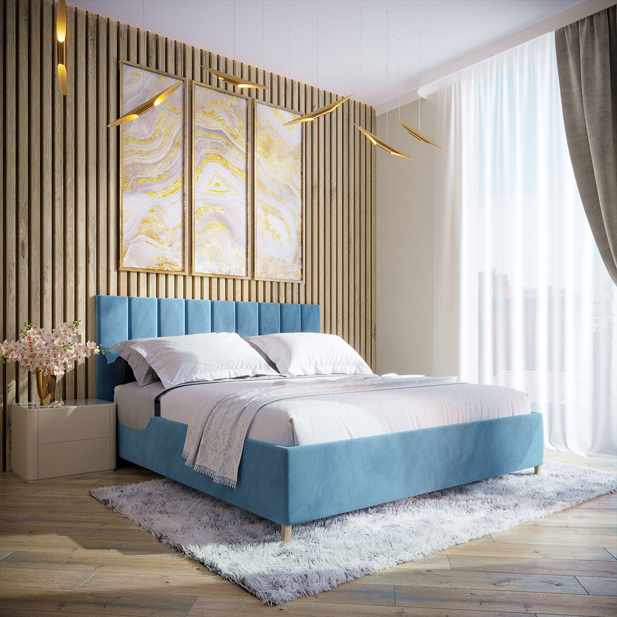 Мягкая кровать с настилом NS Line синий велюр, 180х190, без ножек