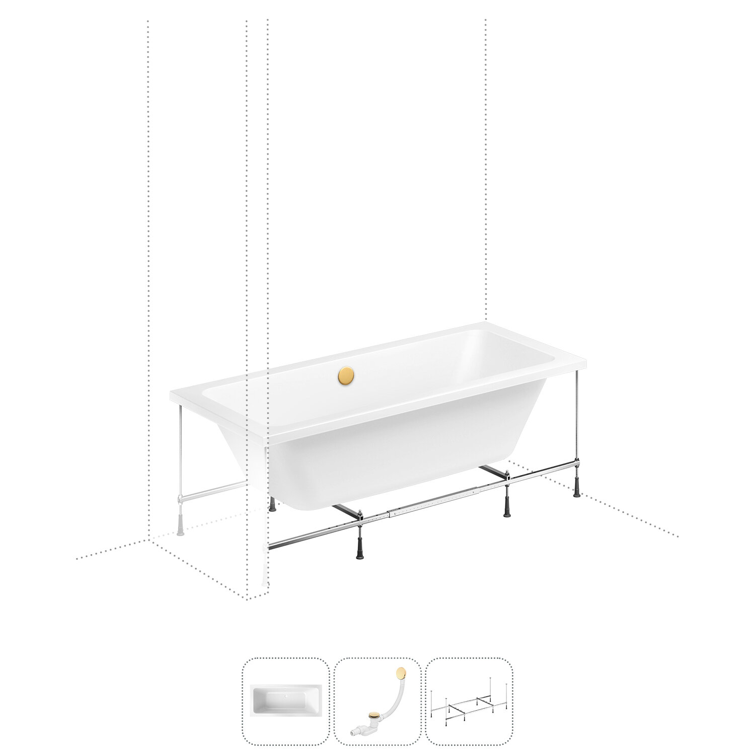 Акриловая ванна 170x75 с каркасом Lavinia Boho Pure 202011072 в наборе 3 в 1: прямоугольная ванна 170 x 75 см, слив-перелив, каркас