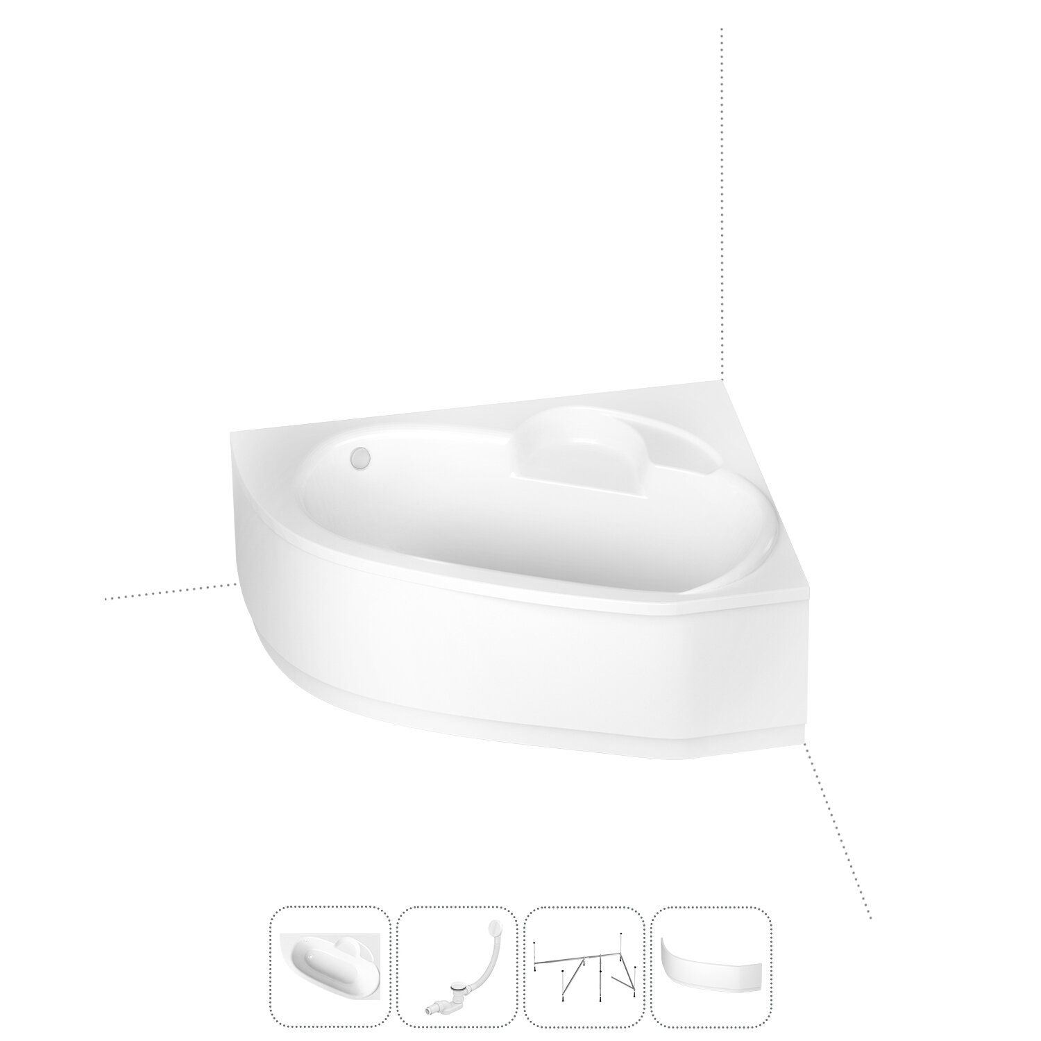 Угловая ванна акриловая 160 x 105 с каркасом и экраном Lavinia Boho Bell Pro 202011174 в наборе 4 в 1: асимметричная ванна (правый разворот), слив-перелив, каркас, экран