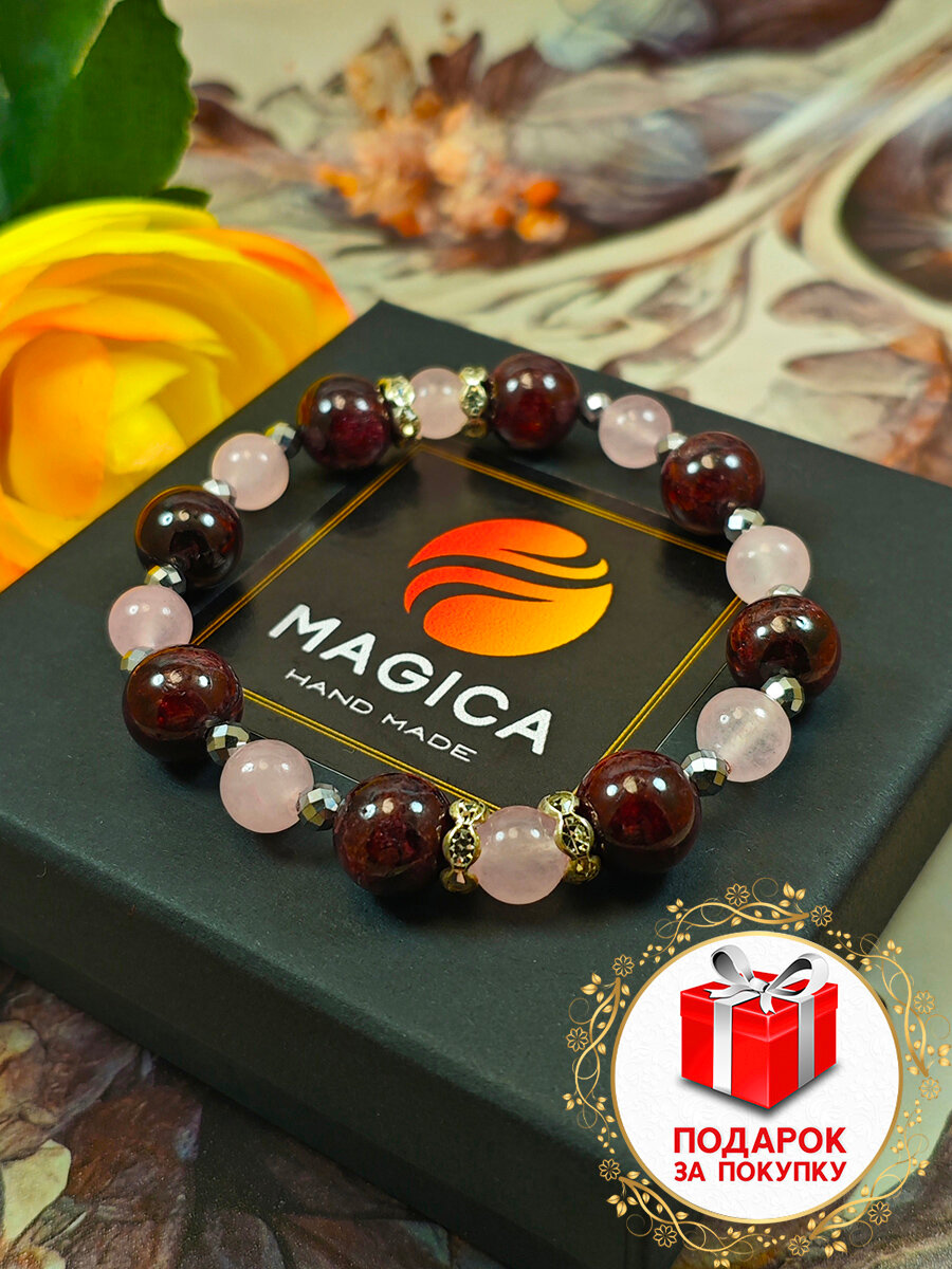 Браслет, гранат, гематит, кварц розовый