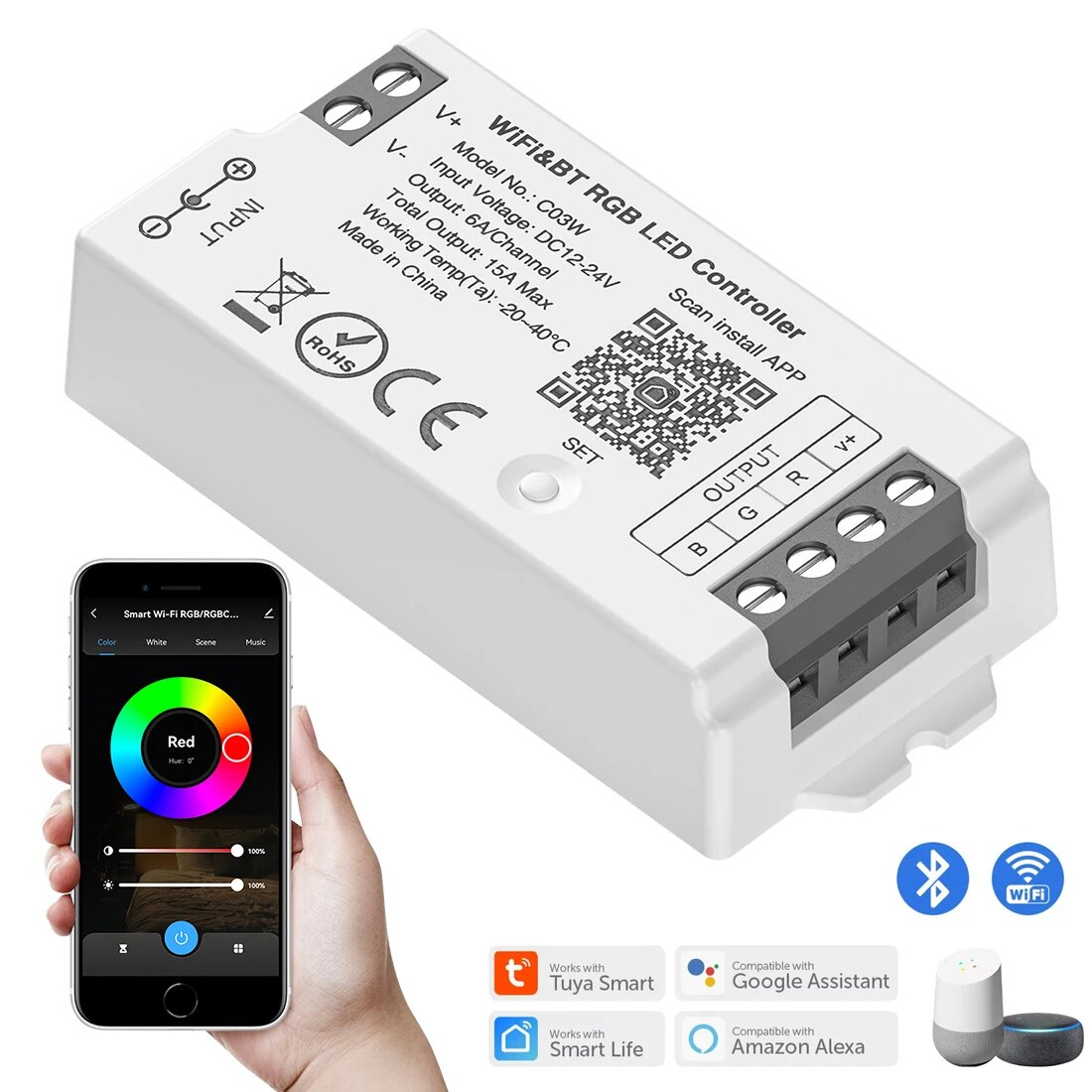 Умный RGBW контроллер BTF-LIGHTING для светодиодной ленты Tuya Wi-Fi 12-24В Only 1xController, 4 Pin RGB Lights