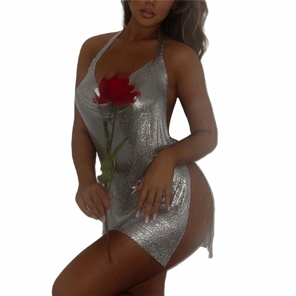 Женское мини-клубное платье с глубоким V-образным вырезом и блестками, короткое на бретелях с открытой спиной