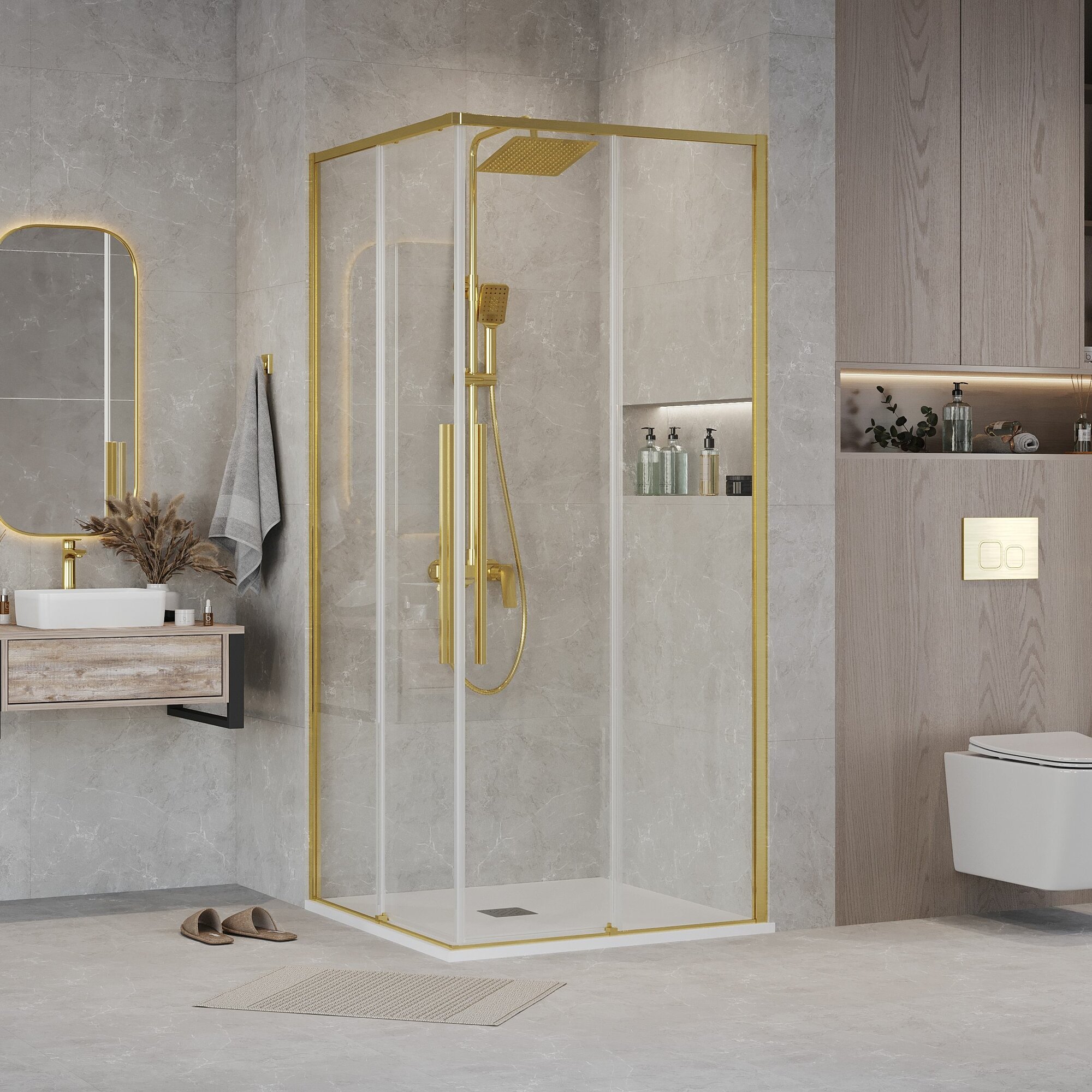 Душевое ограждение Grossman Galaxy 300. K33.01.8080.32.00 (80х80х195) квадрат, раздвижная, золото сатин, стекло прозрачное, 1 место