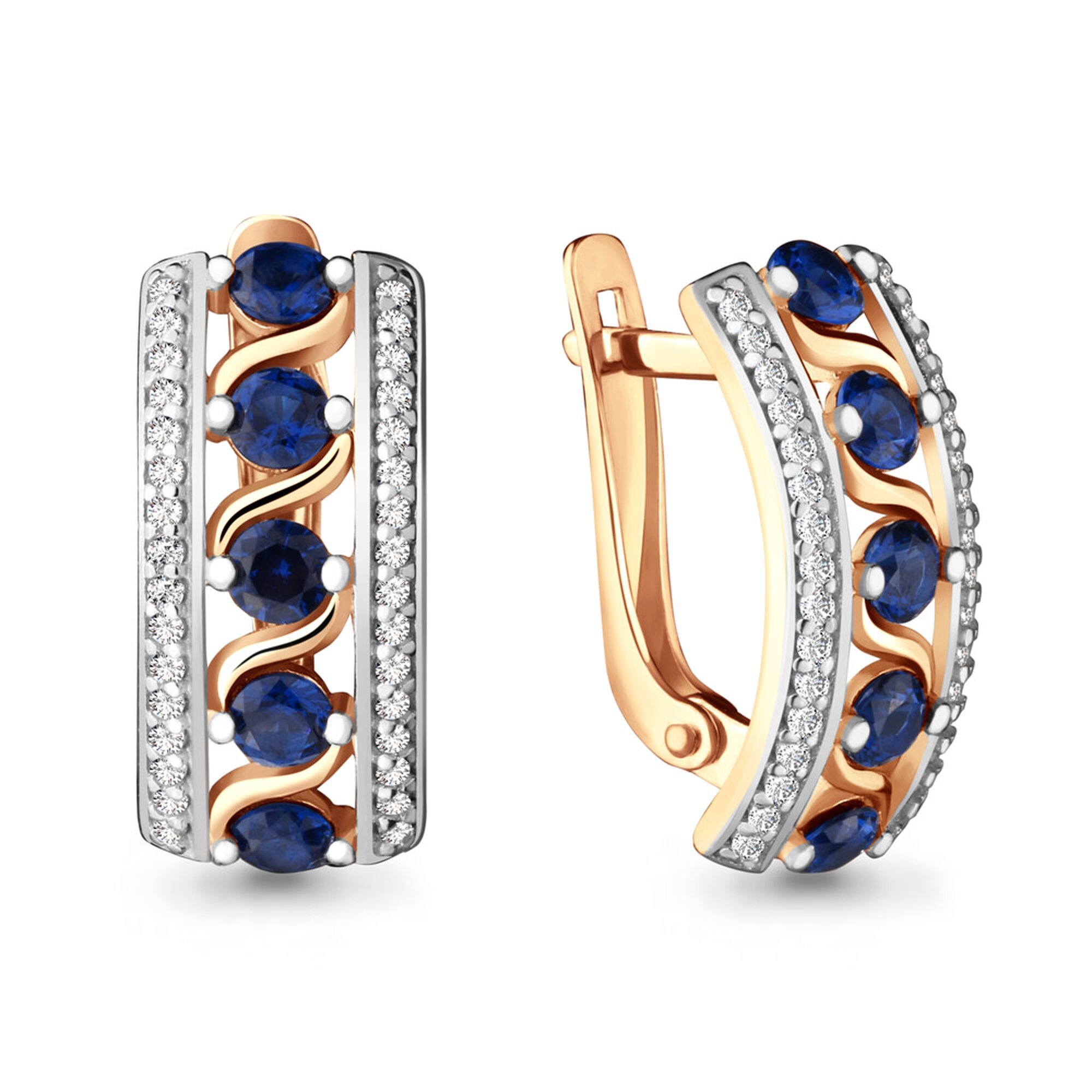 Серьги, серебро, 925 проба, золочение, фианит, сапфир синтетический