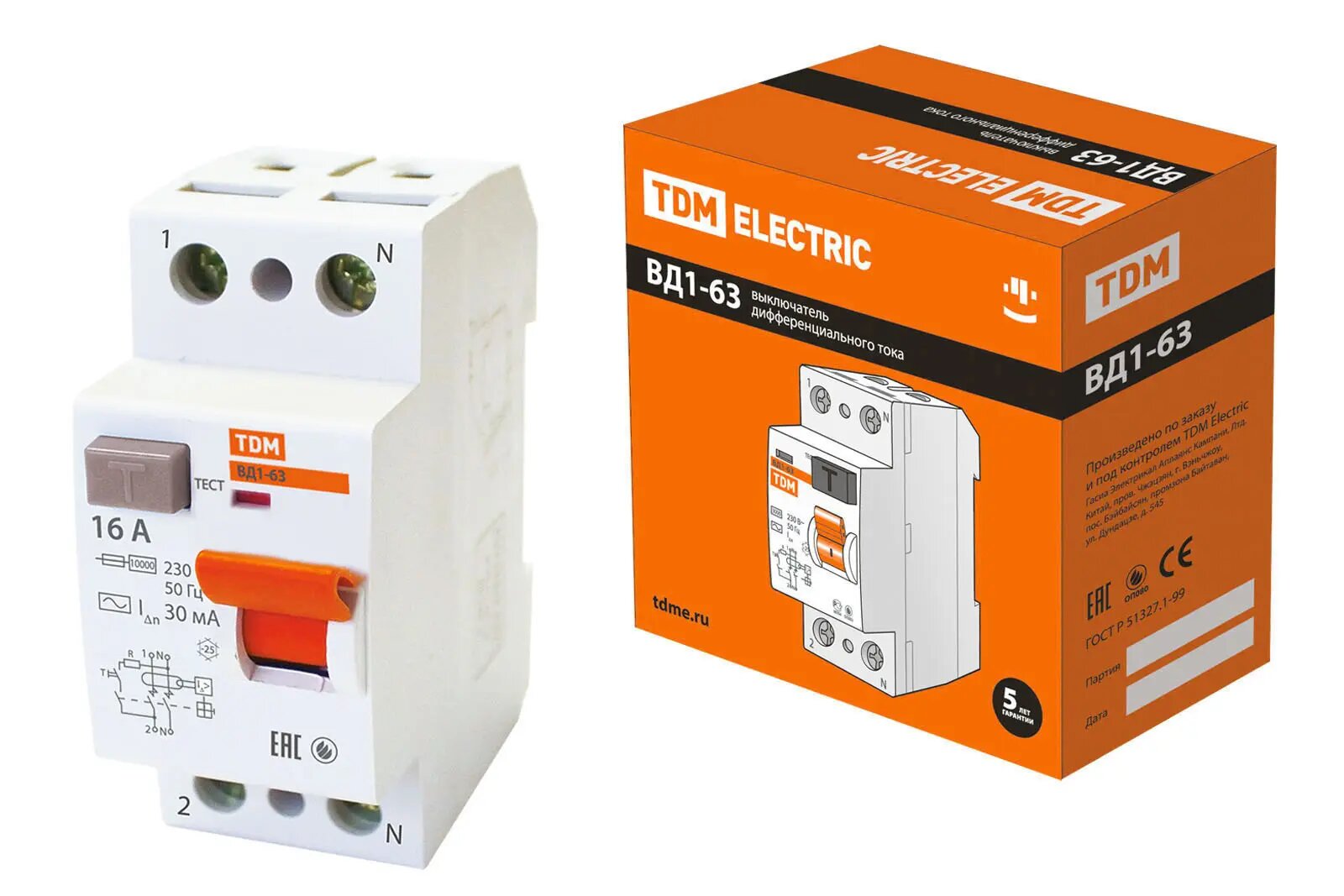 Устройство защитного отключения ВД1-63 2P 16А 30мА УЗО TDM ELECTRIC {SQ0203-0004} (1 шт)