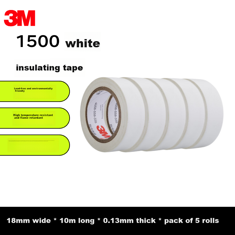 3M 1500# Office And Home Use, General-Purpose Electrical Insulation Tape, Lead-Free, Flame-Retardant, Heat-Resistant, White, 18mm*10m*0.13mm, 5 Rolls